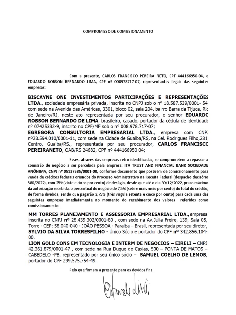 Carta de Comissionamento Assinado | PDF
