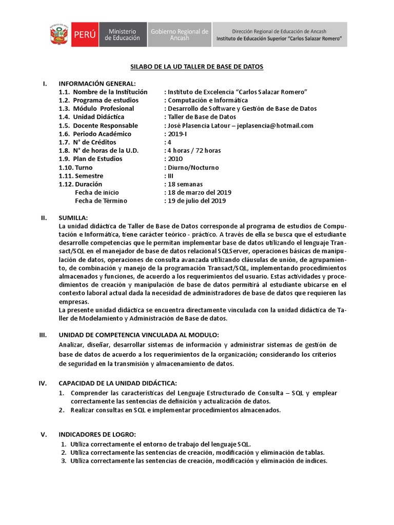 Sílabo Taller Base Datos 2019 1 | PDF | SQL | Datos