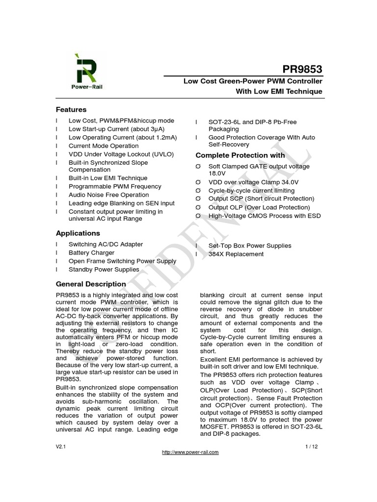 Low Cost Green-Power PWM Controller With Low EMI Technique Features | PDF | Power Supply | Resistor