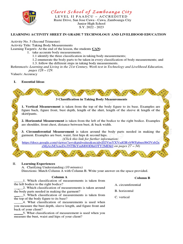 5 Taking Body Measurements | PDF | Length | Waist