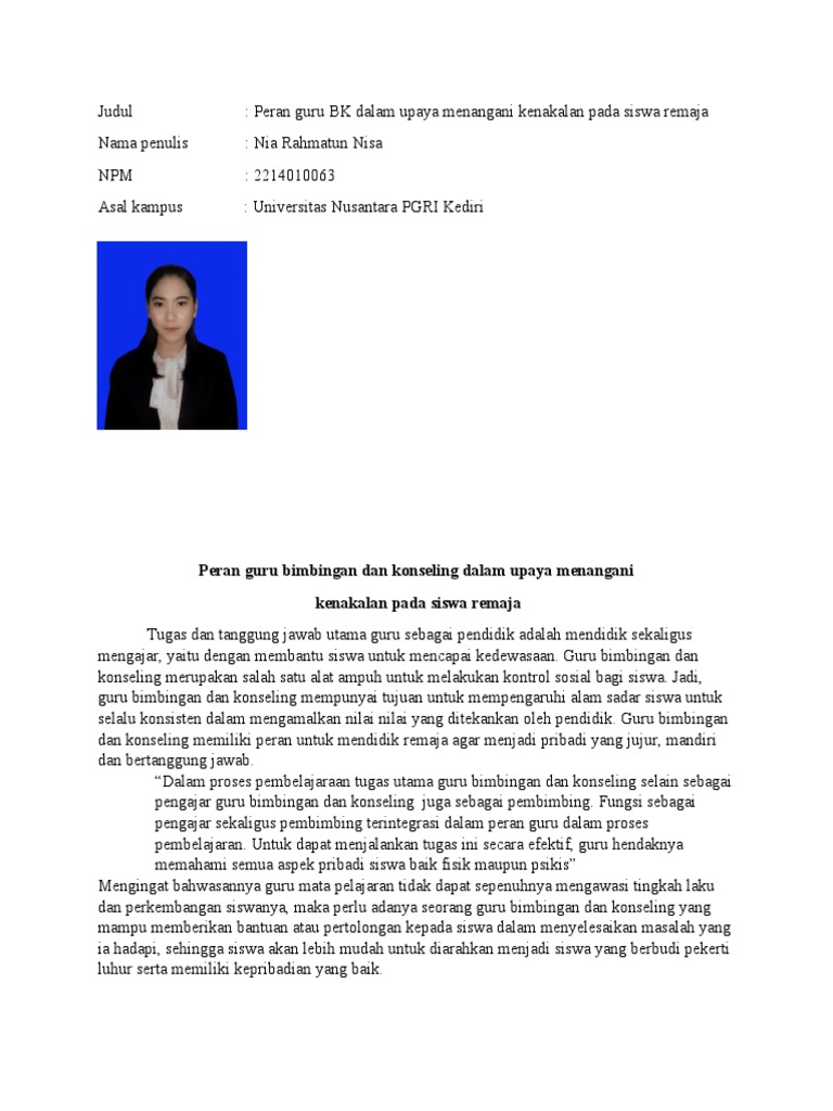 Peran Guru BK Dalam Upaya Menangani Kenakalan Pada Siswa Remaja | PDF ...