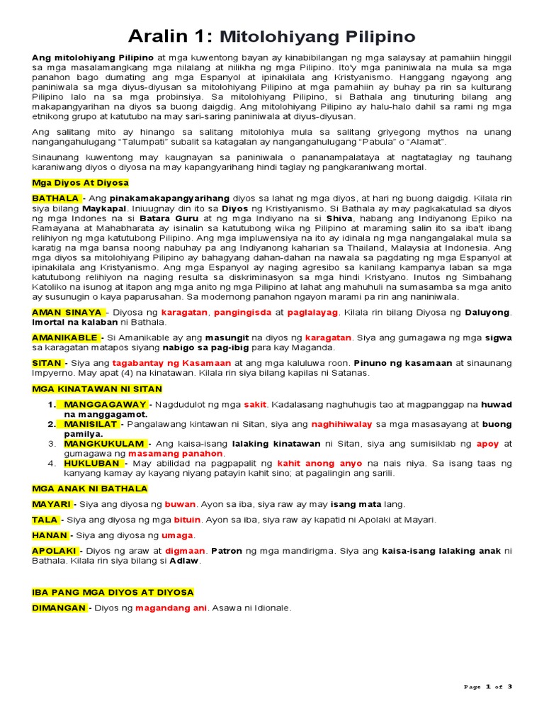 Aralin 1 Mitolohiyang Pilipino Midterm | PDF