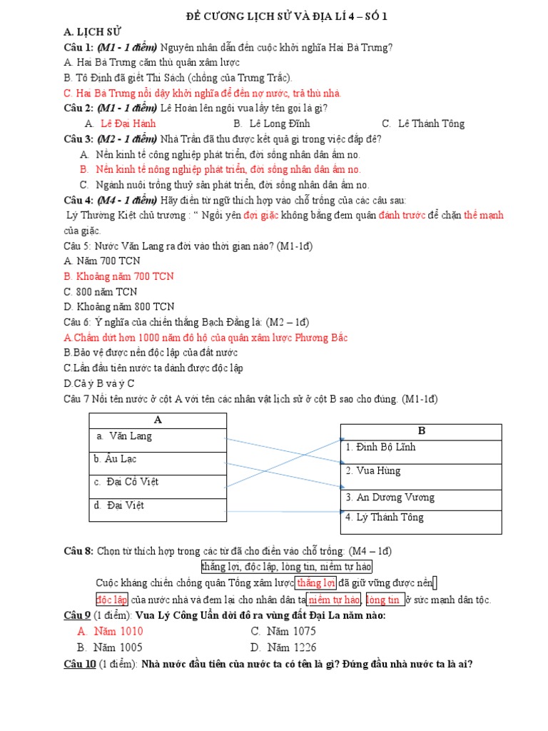 ĐỀ CƯƠNG LỊCH SỬ VÀ ĐỊA LÍ 4 CK1 | PDF