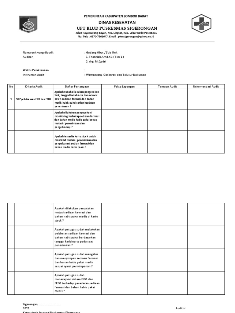Form Audit Gudang Obat | PDF