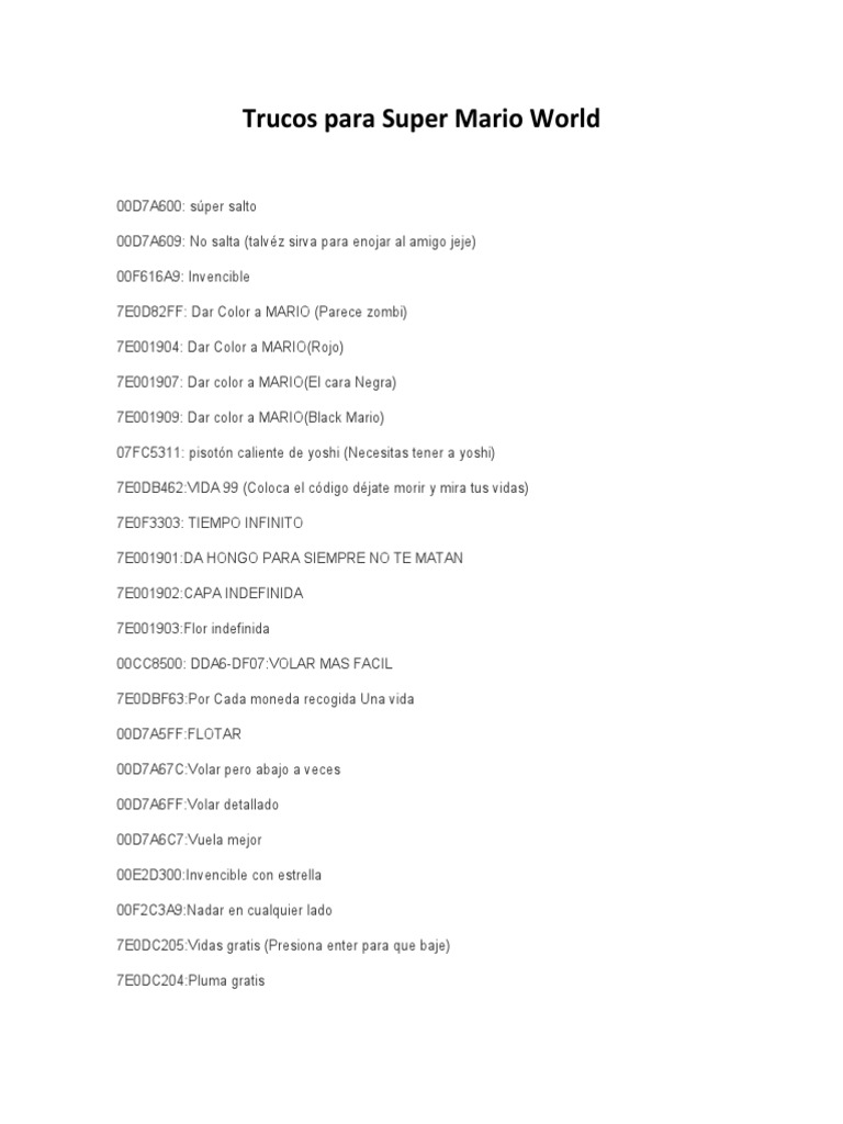Trucos y Cheats para Super Mario World | PDF