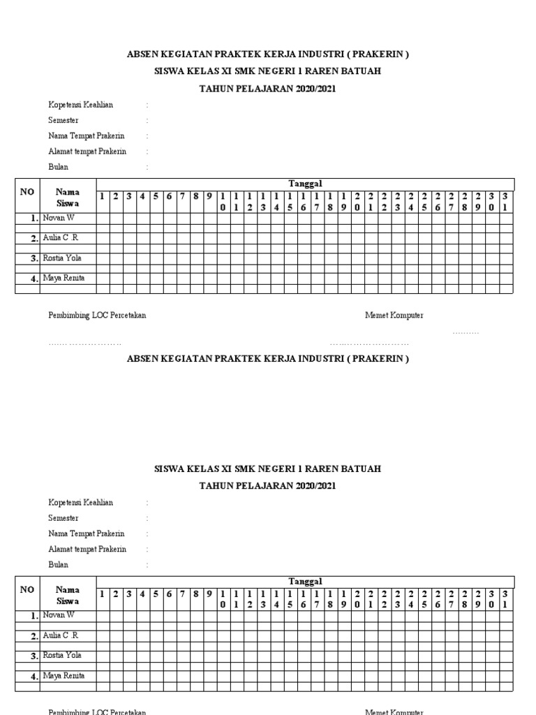 Format Absensi Siswa Magang | PDF