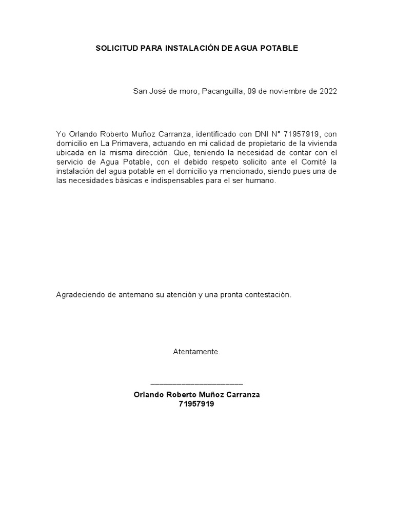 Solicitud para Instalación de Agua Potable | PDF