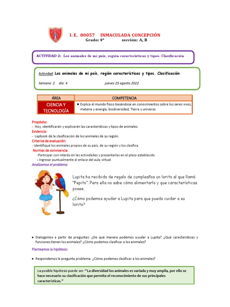 4° A ELIZABETH CASPITO CIENCIA Y TECNOLOGÍA Jueves 25 Agosto 2022 | PDF ...