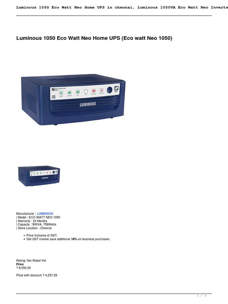 Luminous Eco Watt Neo 1050 Inverter | PDF | Power Inverter | Electrical Engineering