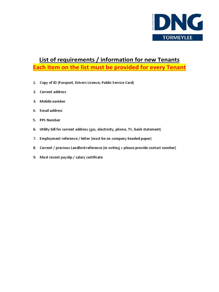 List of Requirements For New Tenants | PDF