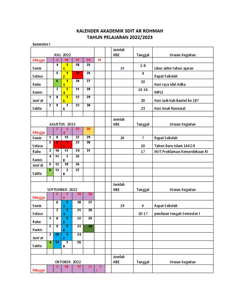 Kalender Akademik Sdit Ar Rohmah | PDF