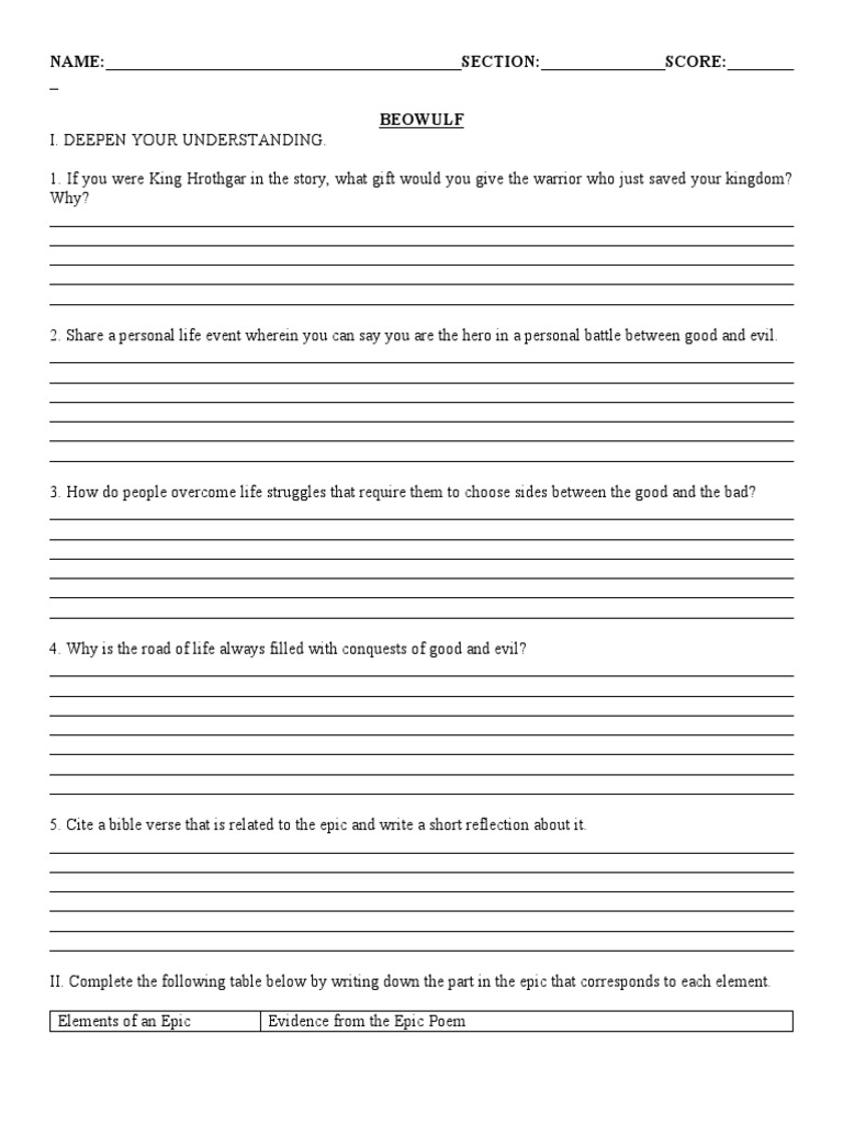 Beowulf reading comprehension and analysis | PDF | Beowulf | Hero