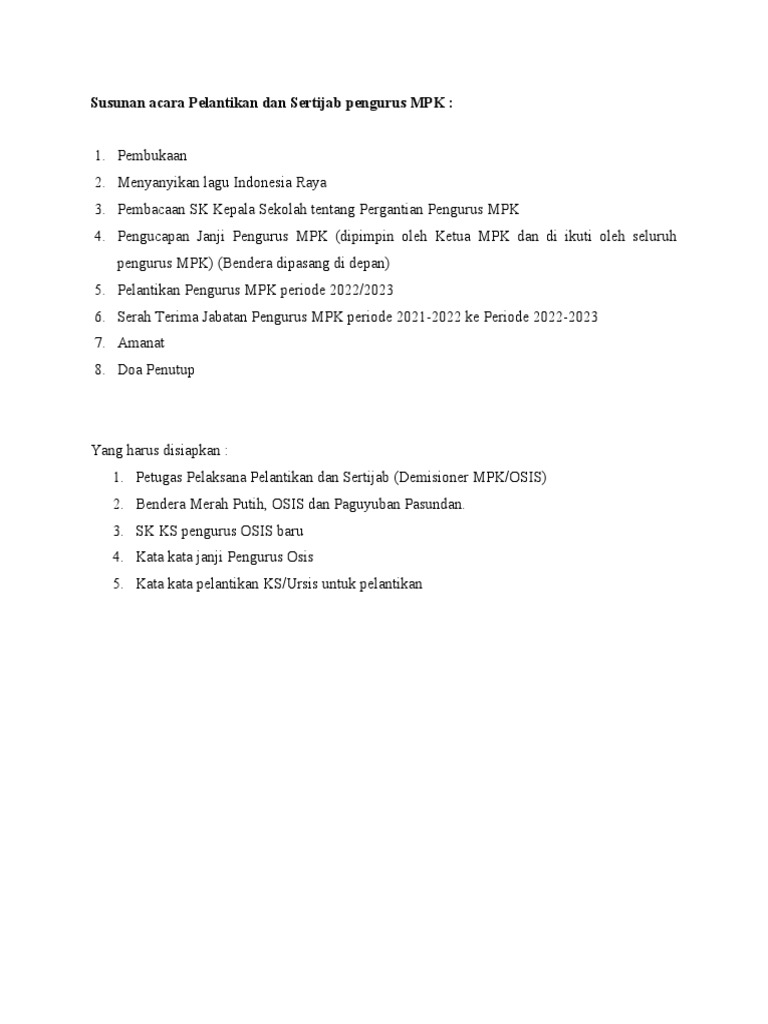 Susunan Acara Pelantikan-Sertijab MPK | PDF