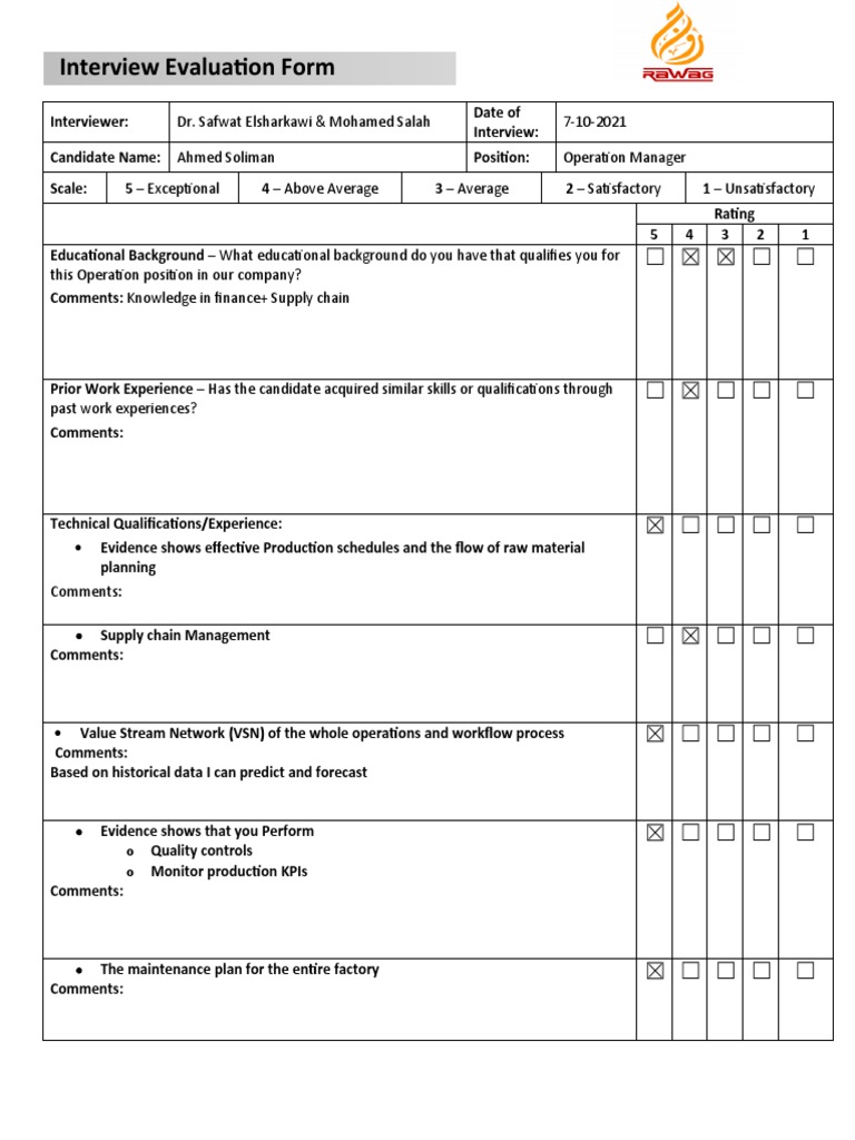 Interview-Evaluation-Form For Operation Manager | PDF | Business ...