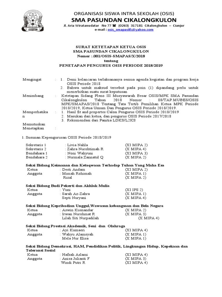 Surat Keputusan Ketua Osis | PDF