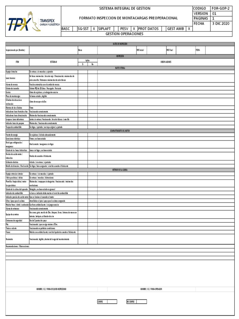 Formato Inspeccion de Montacargas | PDF | Máquina elevadora | Vehículos Formato Inspeccion de Montacargas | PDF | Máquina elevadora | Vehículos