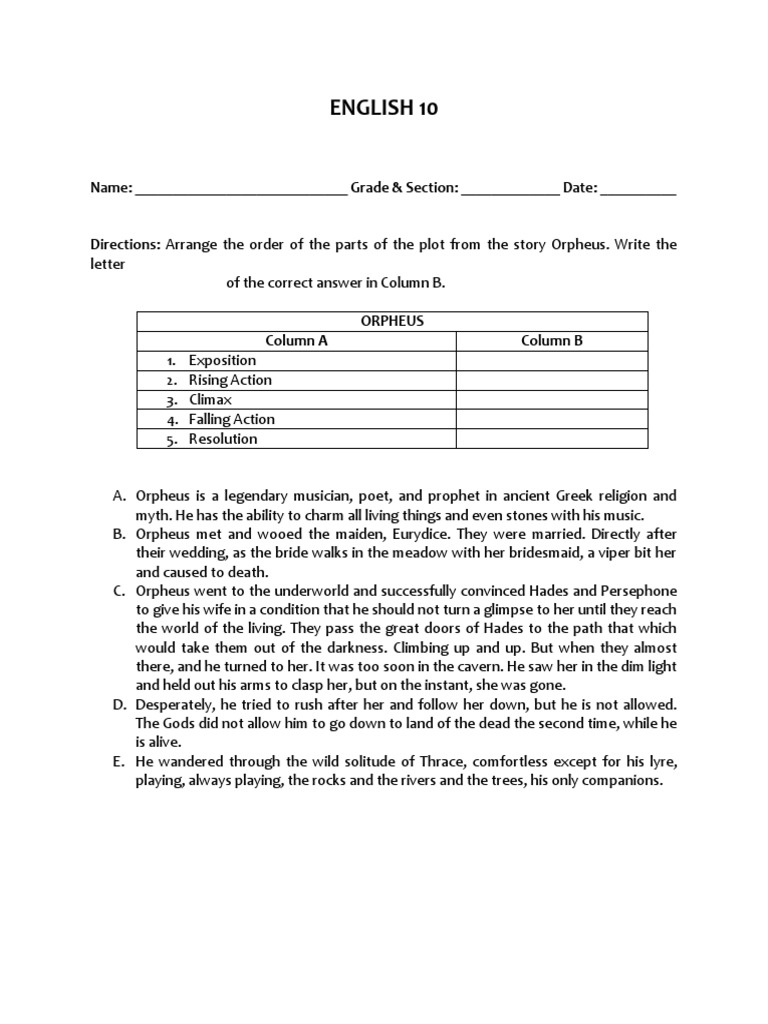 Orpheus Plot Sequence Worksheet | PDF | Poetry