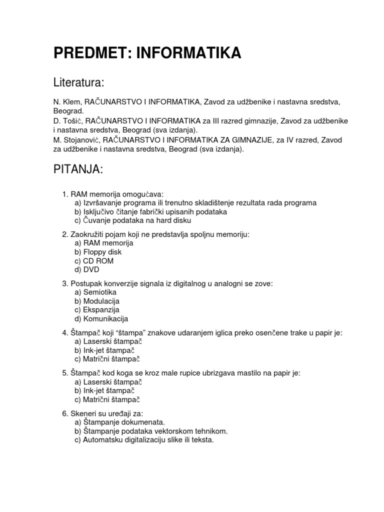 Megatrend FKN Prijemni Informatika | PDF
