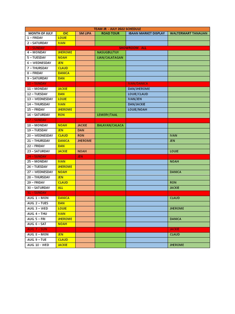 Team JR July 2022 Schedule | PDF