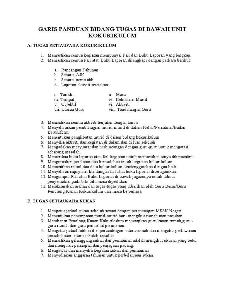 Garis Panduan Bidang Tugas Di Bawah Unit Kokurikulum | PDF | Bisnis