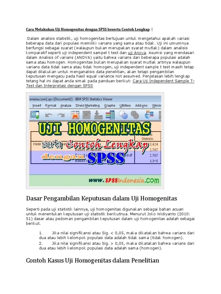9 - Cara Melakukan Uji Homogenitas Dengan SPSS Beserta Contoh Lengkap | PDF