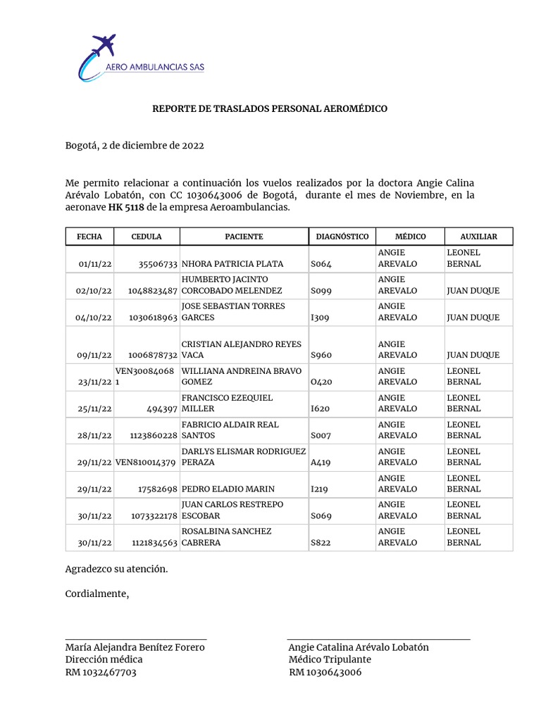 Reporte de Vuelos Medicos | PDF