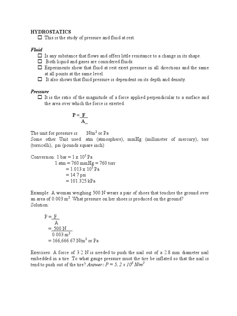 HYDROSTATIC | PDF | Pressure | Pressure Measurement