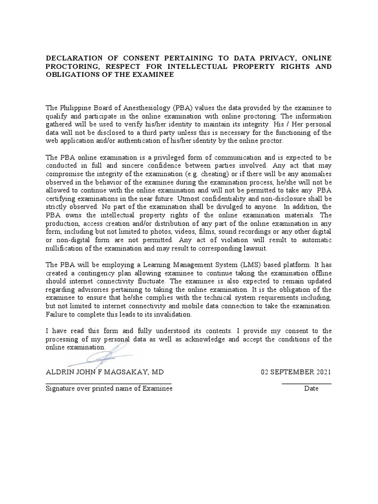 PBA Declaration of Data Privacy Consent To Online Proctor and ...