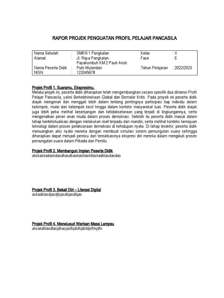 Contoh Rapor p5 SMKN 1 Pangkalan | PDF