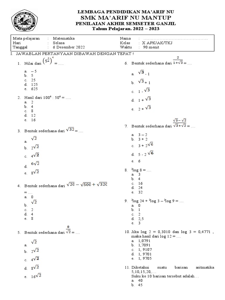 Soal Kelas X Semua Pas Ganjil 2022-2023 | PDF