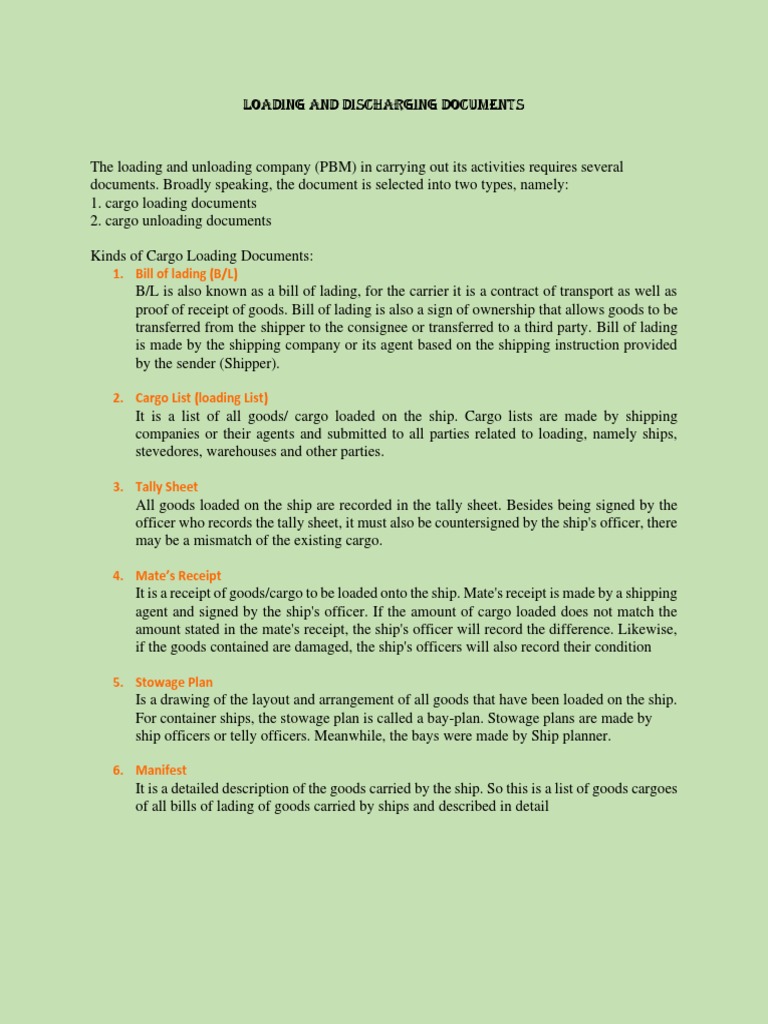Loading and Discharging Documents | PDF | Bill Of Lading | Cargo