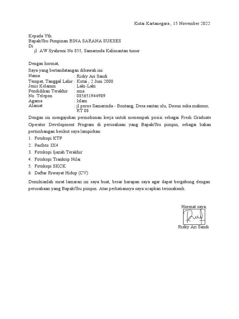 Surat Lamaran Kerja Fresh Graduate | PDF | Karier & Perkembangan | Bisnis