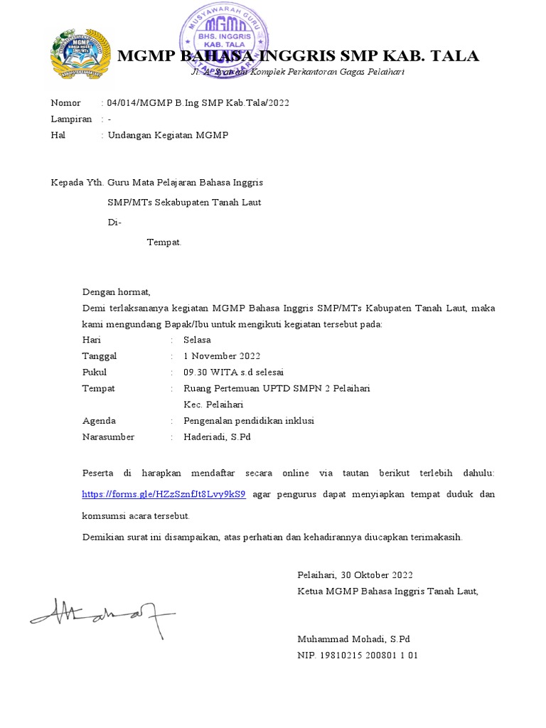 Undangan MGMP 1 November 2022 | PDF