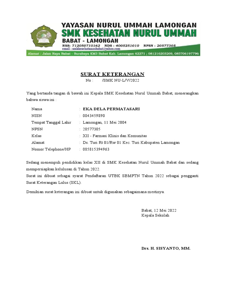 Surat Keterangan Utbk | PDF