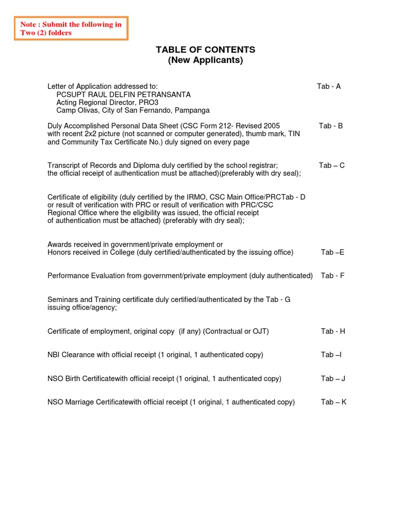 PNP Table of Contents For New Applicants | PDF