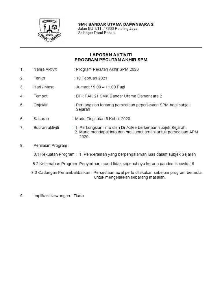 Laporan Program Pecutan Akhir SPM 2020 | PDF