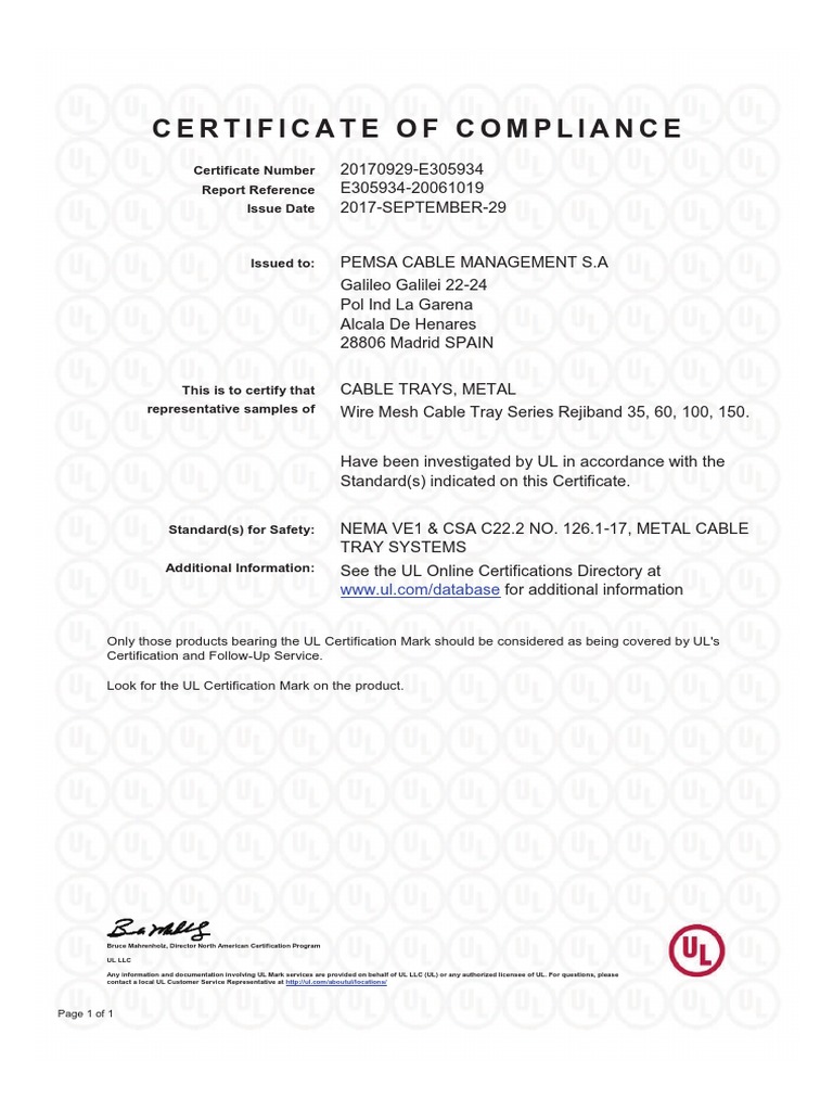 E305934 Compliance UL CSA Rejiband Certificate | PDF