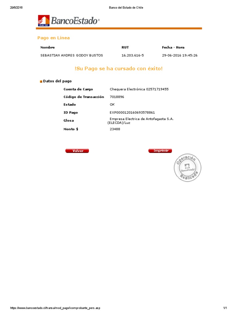 Comprobante de Pago Banco Estado Chile | PDF