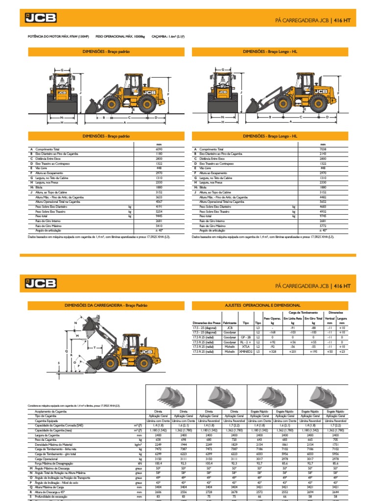 Especificações técnicas e dimensões da pá carregadeira JCB 416 HT | PDF ...