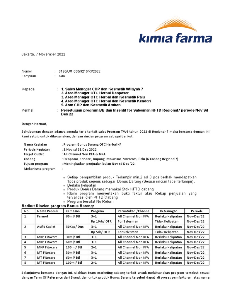 Persetujuan Program BB Dan Insentif For Salesman KFTD Regional7 Periode ...