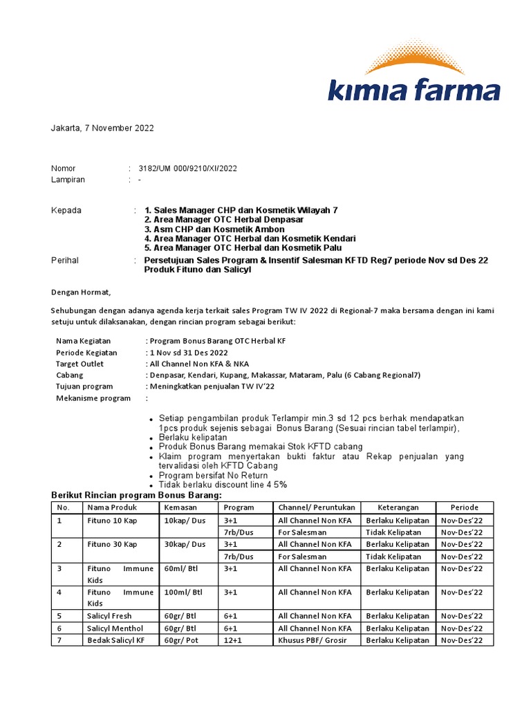 Persetujuan Sales Program & Insentif Salesman KFTD Reg7 Periode Nov SD Des 22 Produk Fituno Dan ...