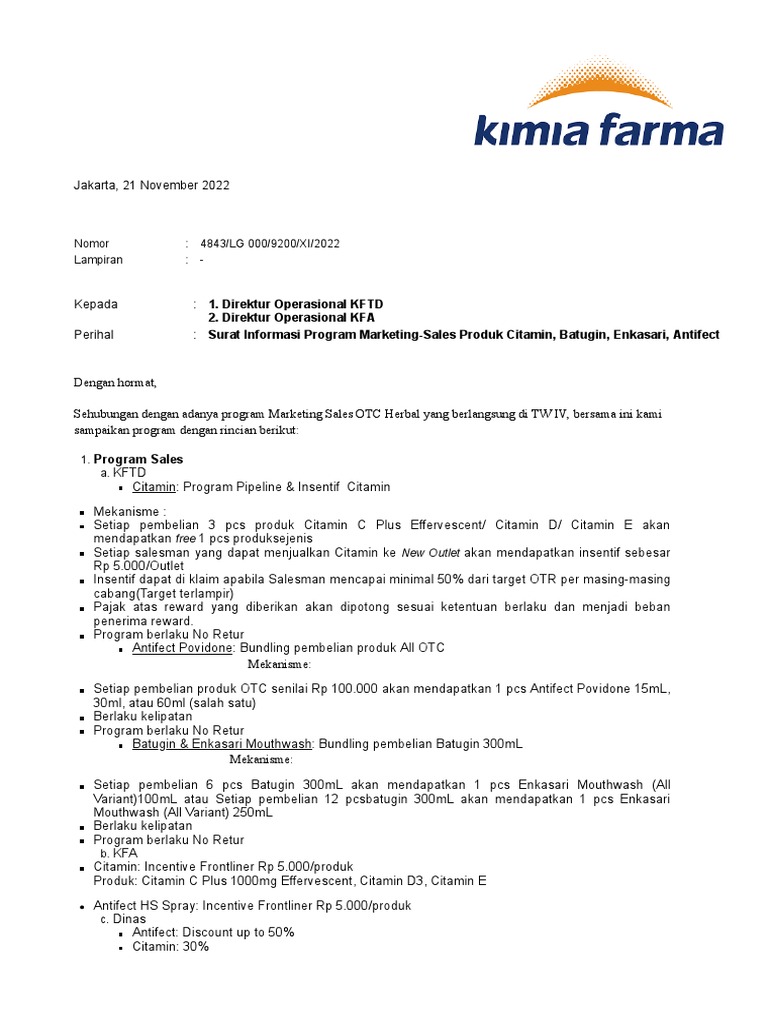 Surat Informasi Program Marketing-Sales Produk Citamin, Batugin ...