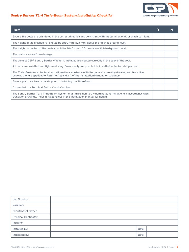 Sentry Barrier TL4 - Thrie Beam Installation Checklist Sep2022 | PDF
