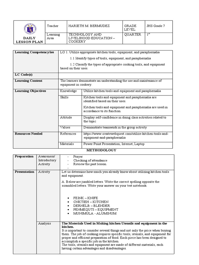 DLP TVL Cookery Grade7 | PDF | Kitchen Utensil | Refrigerator