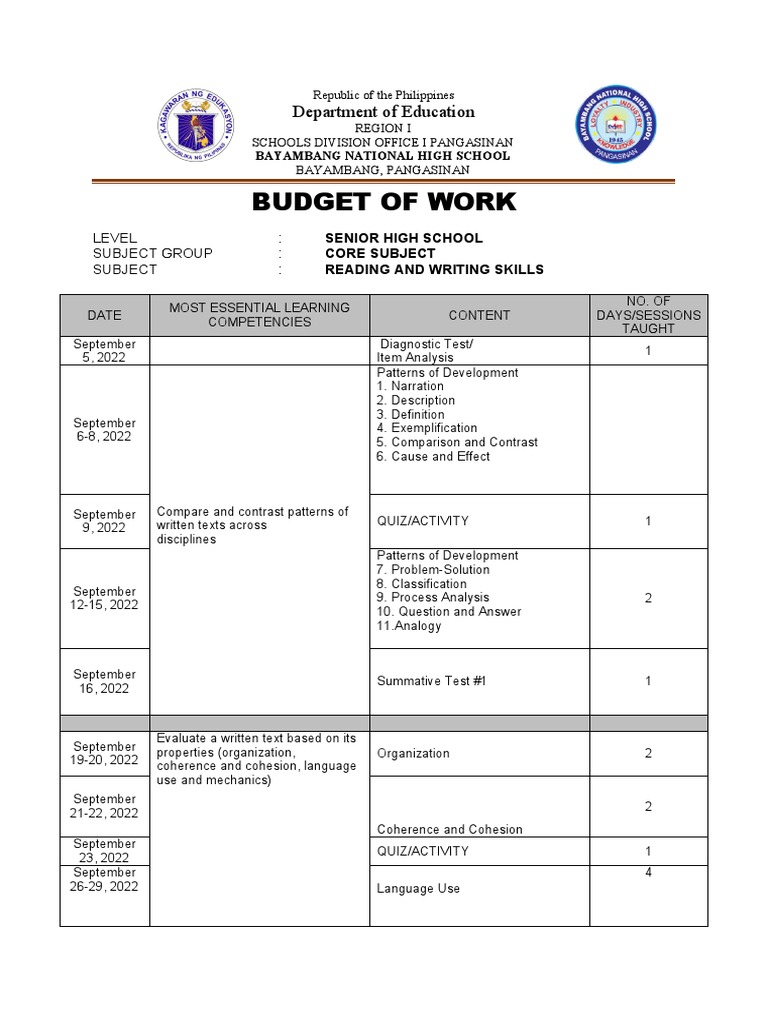 Bayambang National High School Reading and Writing Skills Subject ...