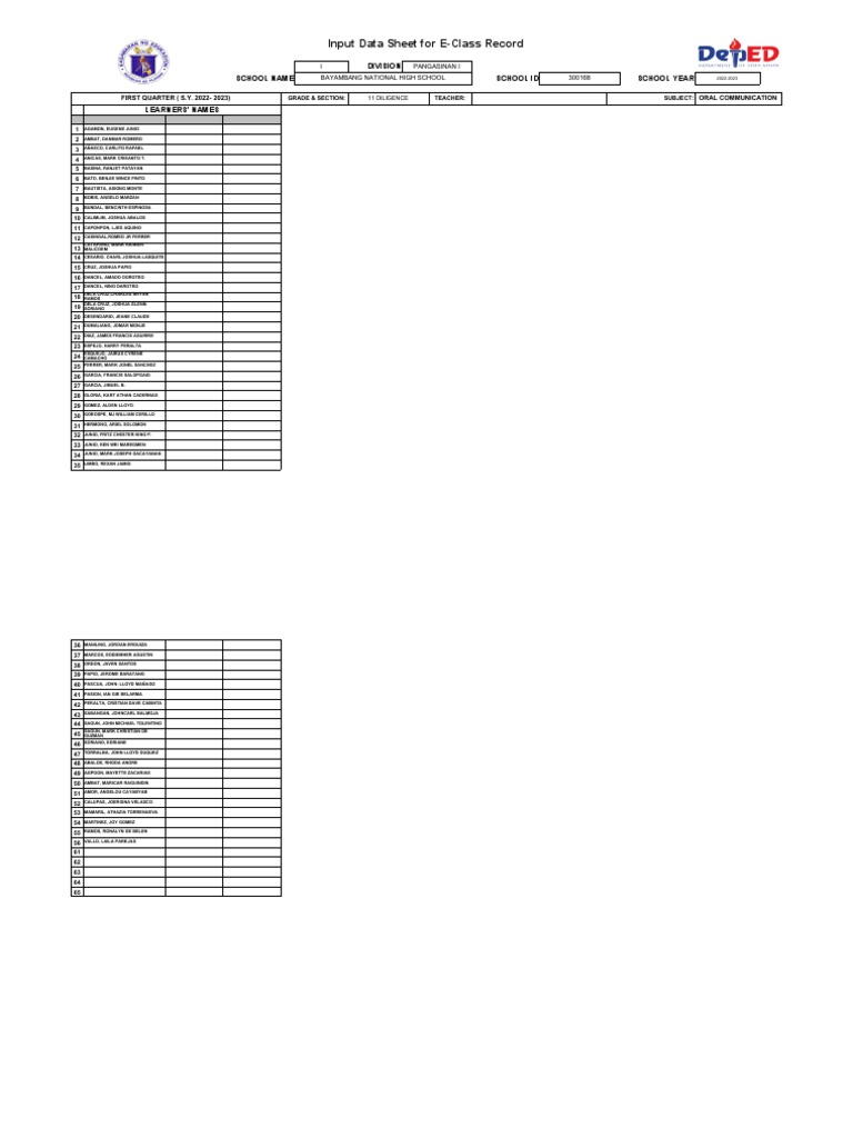 Input Data Sheet for E-Class Record and Creative Writing Assessment ...