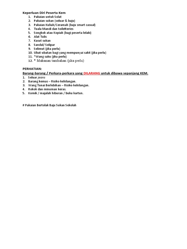 Keperluan Diri Peserta Kepimpinan PRS | PDF