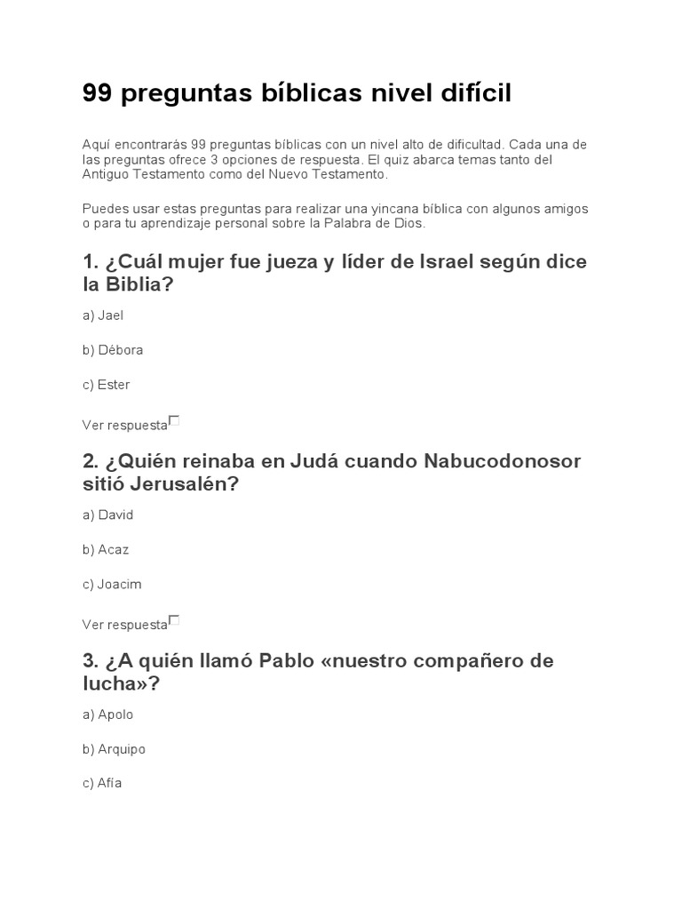 99 preguntas bíblicas nivel difícil | PDF | Juan el apóstol | Biblia