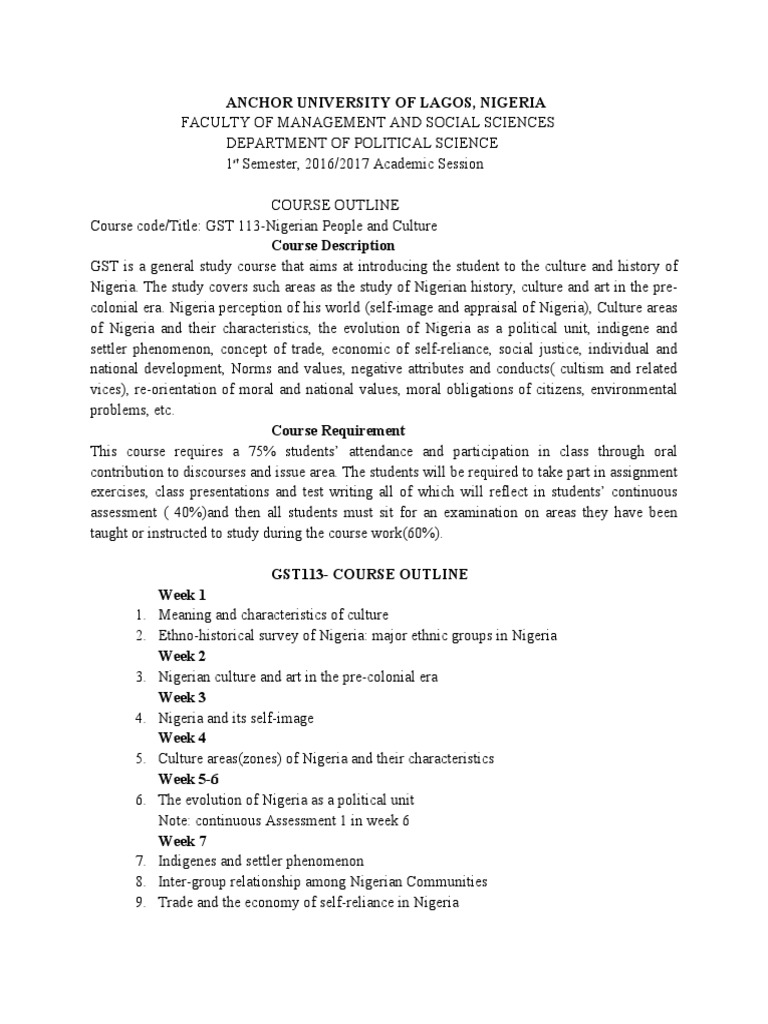 Gst 113 course outline 1 | PDF | Nigeria