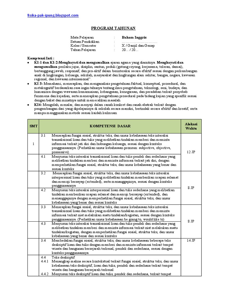 Program Tahunan Bahasa Inggris Kelas X | PDF